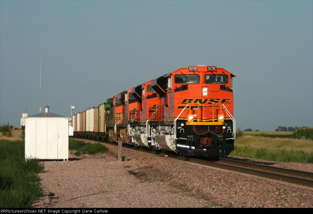 BNSF 9238 leads a WB drag